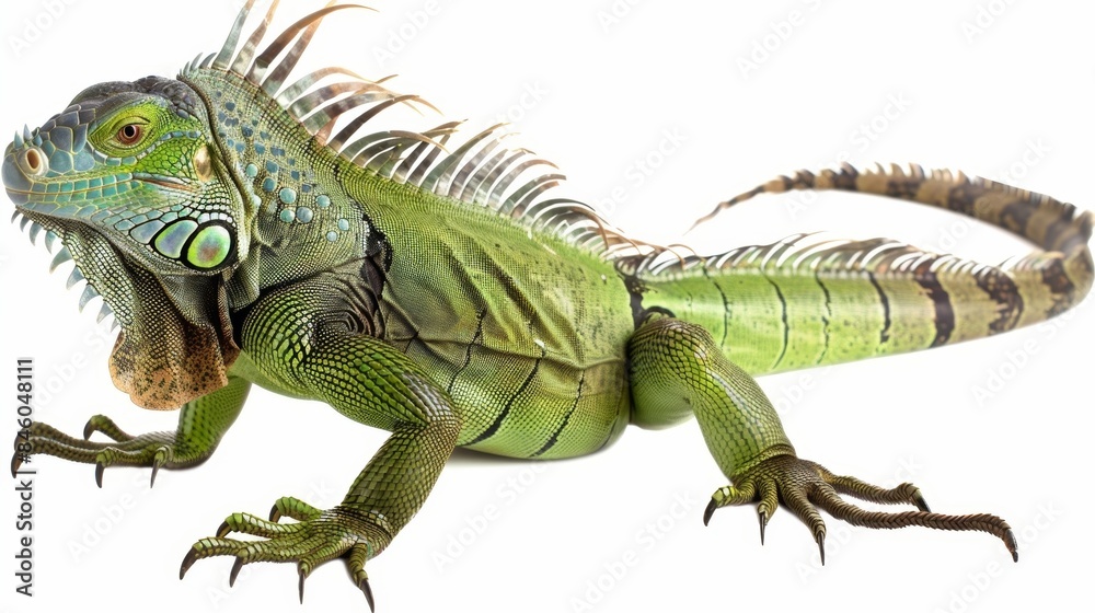 Proud green iguana with scaly skin, claws, and eyes, isolated on white ...