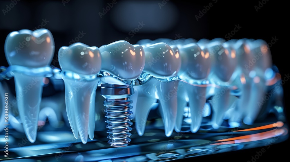 Detailed image showing a dental implant among healthy teeth with a ...