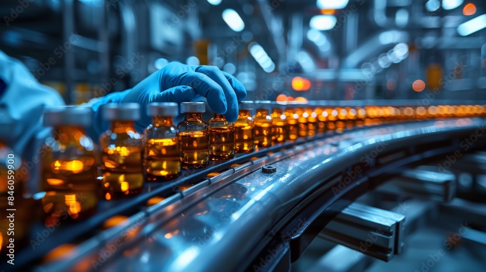 Pharmacist scientist with sanitary gloves examining medical vials on ...
