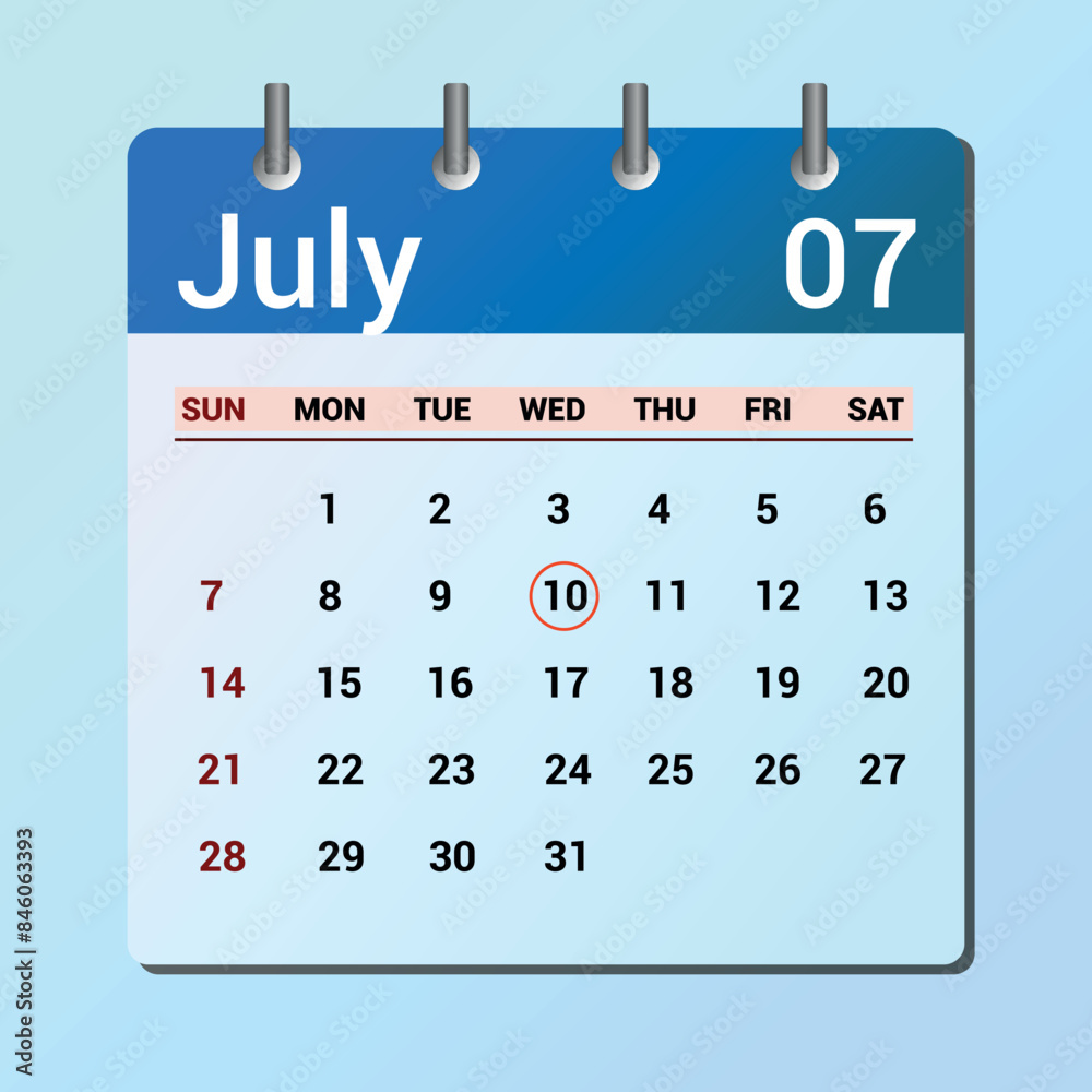 vector page of July month calendar and highlighted date July 10 Stock ...