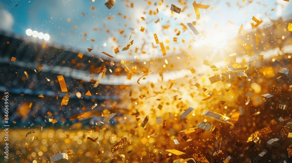 Golden confetti falling over a sunlit soccer stadium creating a ...