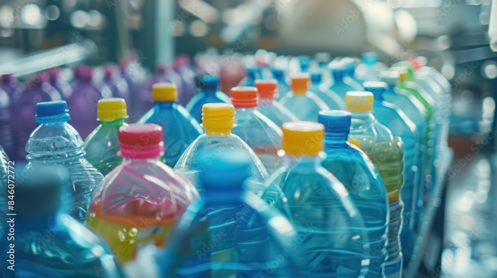 colorful collection of plastic bottles with various caps in an ...