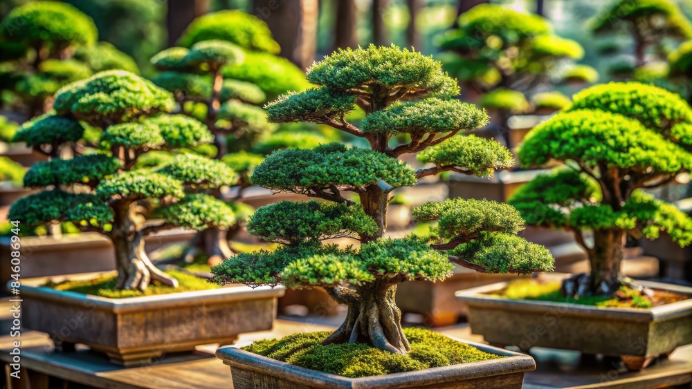 The carefully pruned, miniature trees of a bonsai garden, shown in a ...