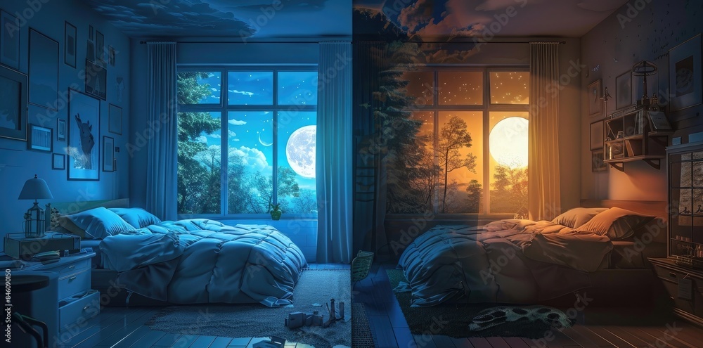 split screen showing bedroom in day and night time. fantasy landscape ...