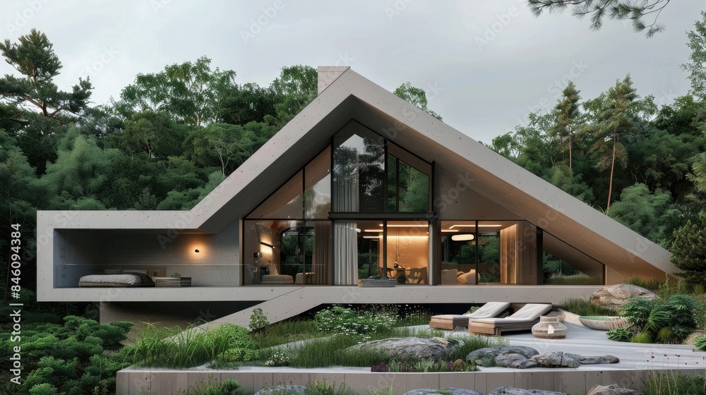 Modern pitched roof house in nature Stock Photo | Adobe Stock