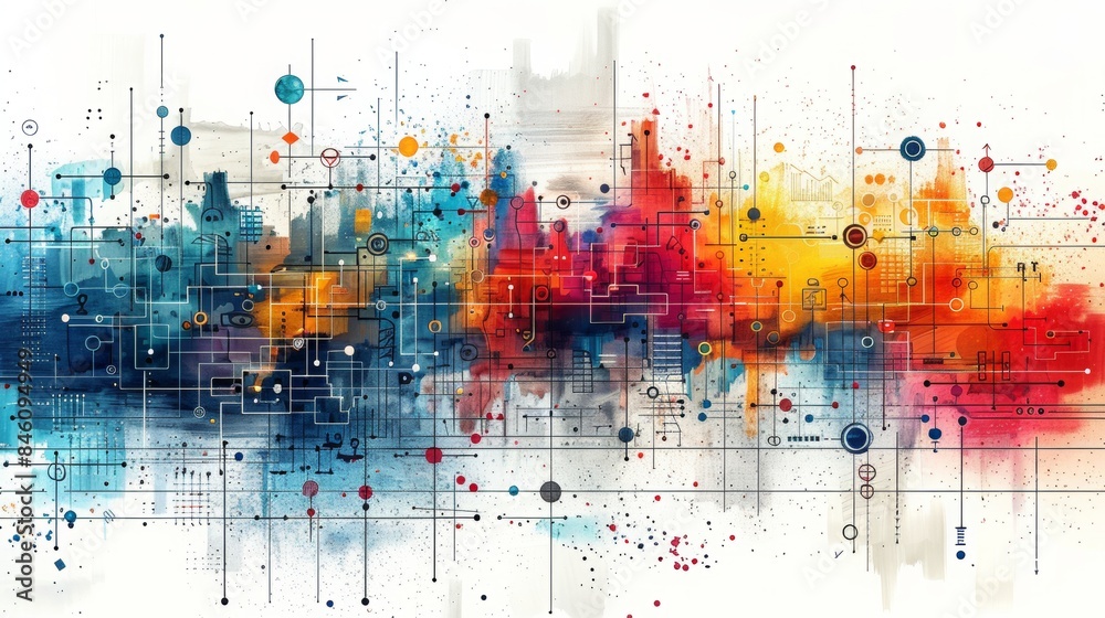 whiteboard close-up hand drawn business process flowchart and colourful ...