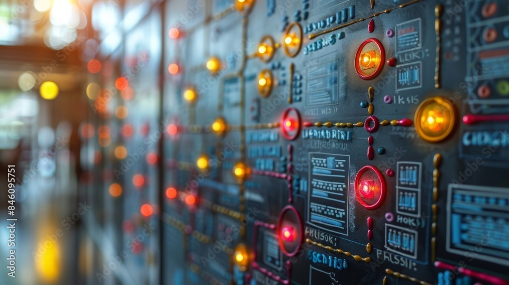 whiteboard close-up hand drawn business process flowchart and colourful ...