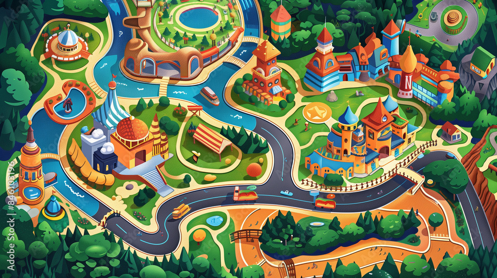 A whimsical map of a fictional theme park, with attractions, pathways ...