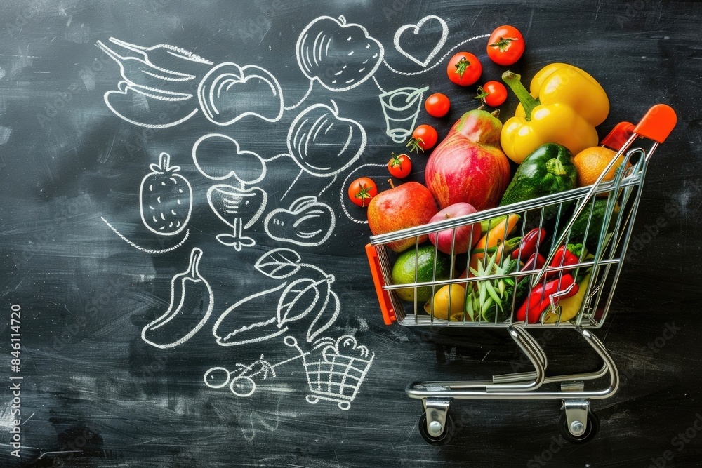 Top view of shopping cart with doodle icons for fruits and vegetables ...
