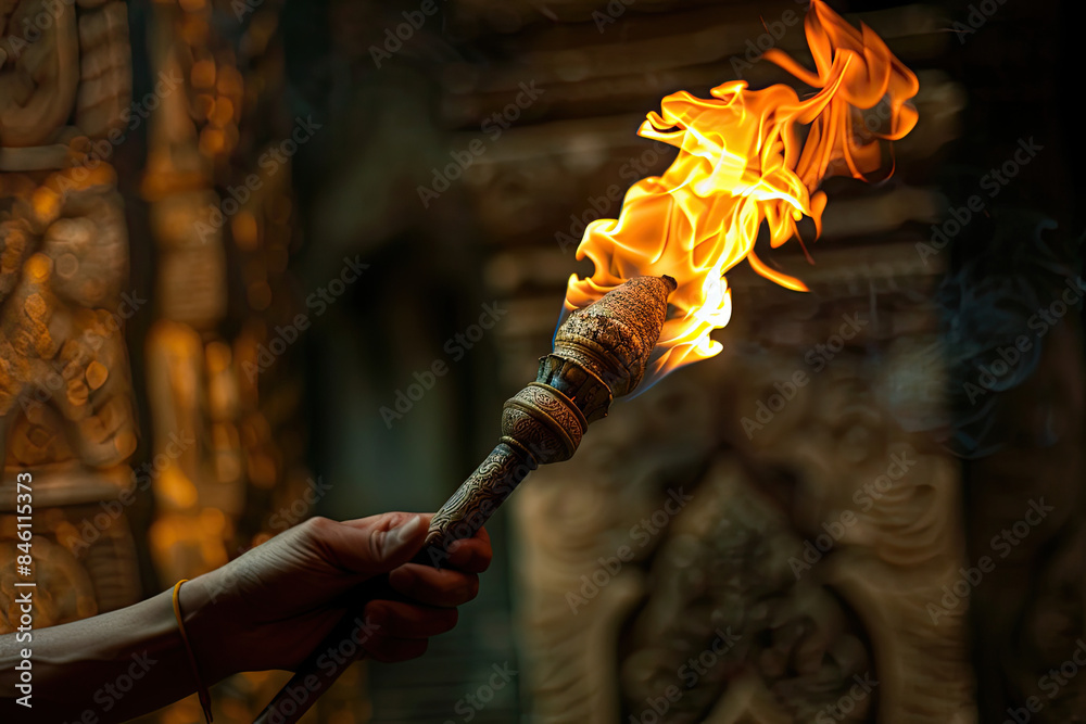 Hand-held torch: detailed flames, soot, ancient temple backdrop ...