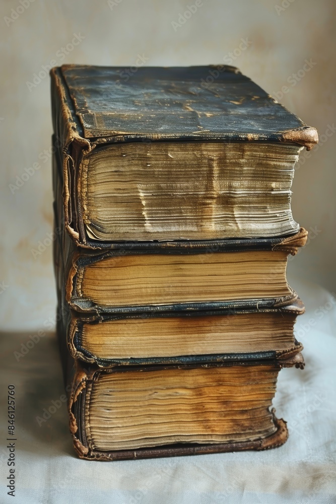 A stack of four ancient, weathered books with worn leather bindings and ...