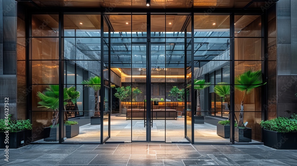 A beautiful modern glass atrium entrance with sleek design, impressive ...
