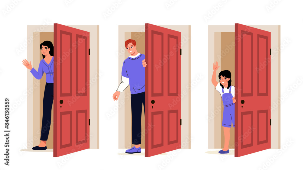People opening doors set. Man, woman and girl open doors. People come ...