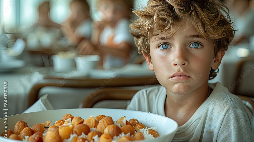 sad boy in the school cafeteria doesn't want to eat his lunch ...