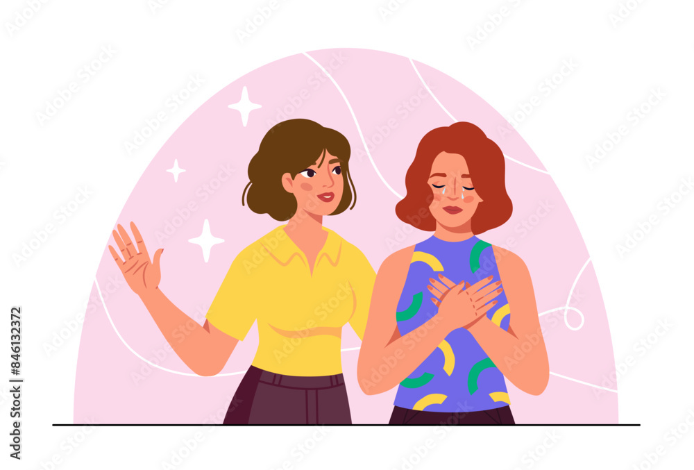 Support for friend. Woman hugs crying young girl. Frustration and ...