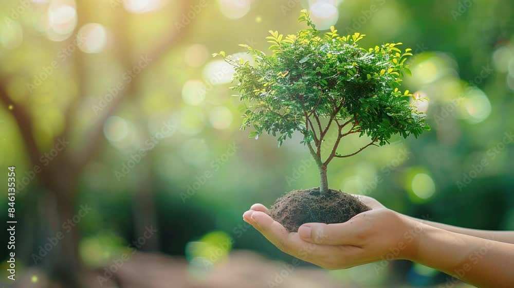 Hand holding tree with soil on blur green nature background. Video ...