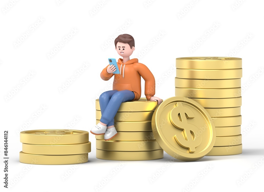 3D illustration of male guy Qadir sitting on stocks of coins with his ...