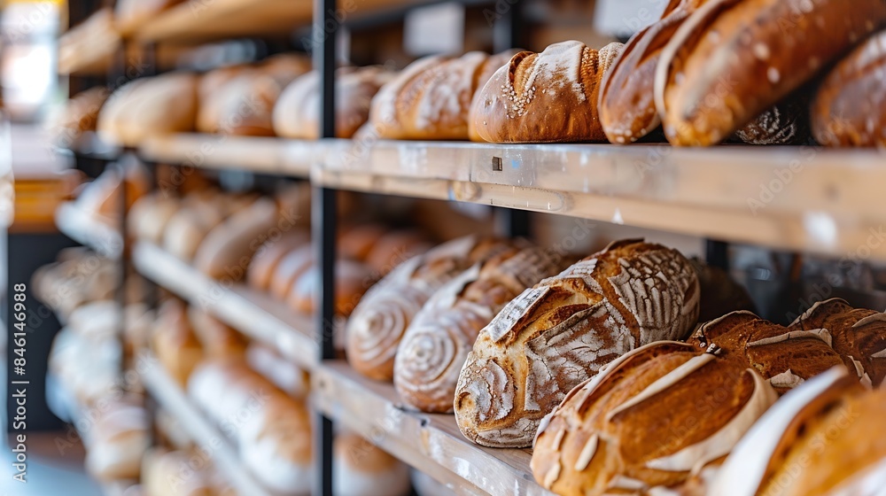 Fresh bread on shelves in bakery Delicious loaves of bread in a german ...