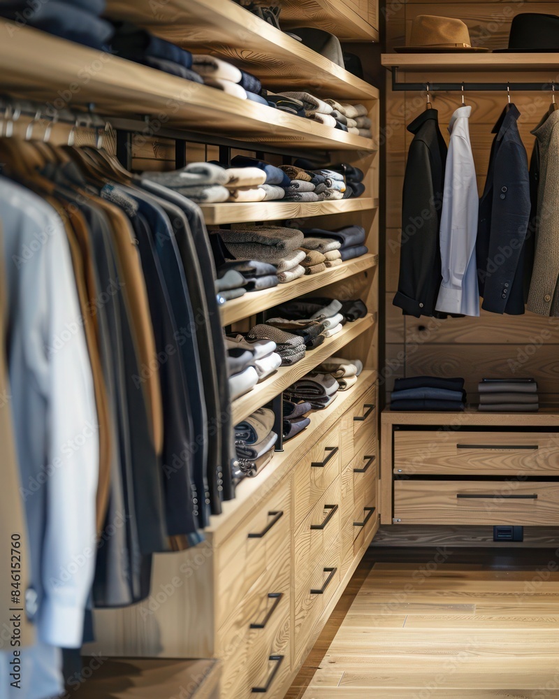 Stylish minimalist men's walk-in wardrobe with organized storage ...