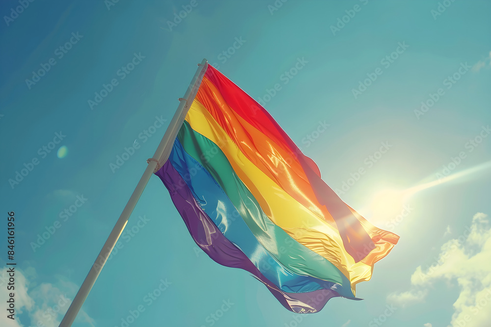 LGBTQ+ flag flying in a clear blue sky, representing tolerance ...