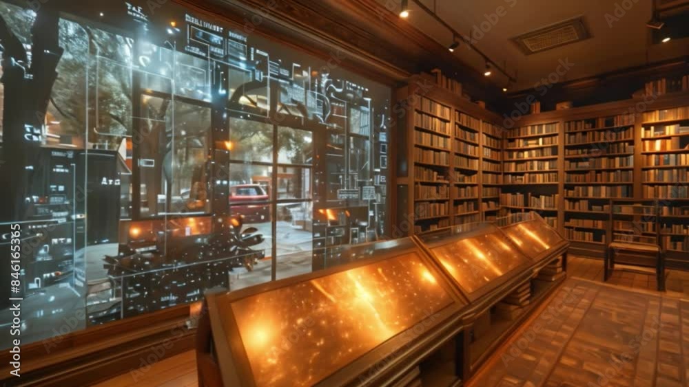 A futuristic bookstore features a large holographic display showcasing ...