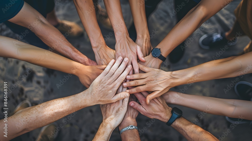 multiracial group of young people forms a stack with their hands ...