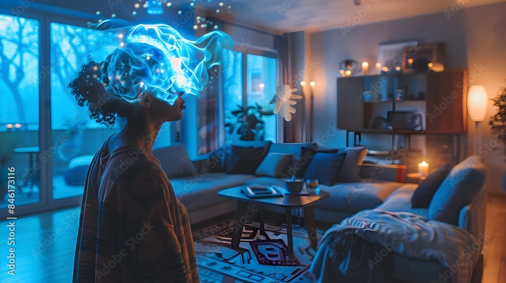 Futuristic scene depicting a person using a Neuralink device,with their ...