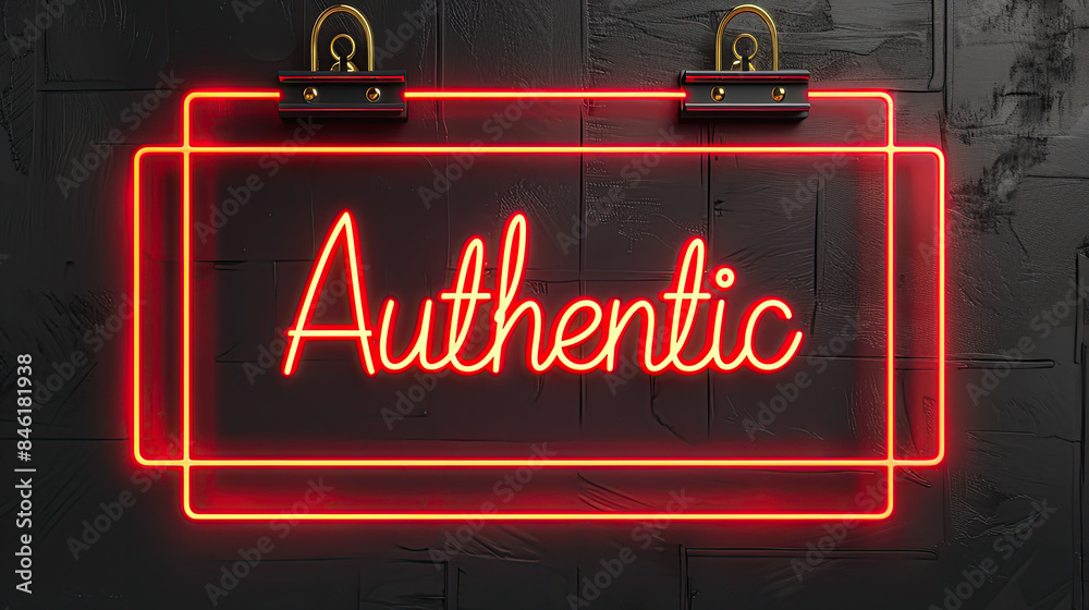 red neon sign on wall in cursive says Authentic, inside a neon square ...