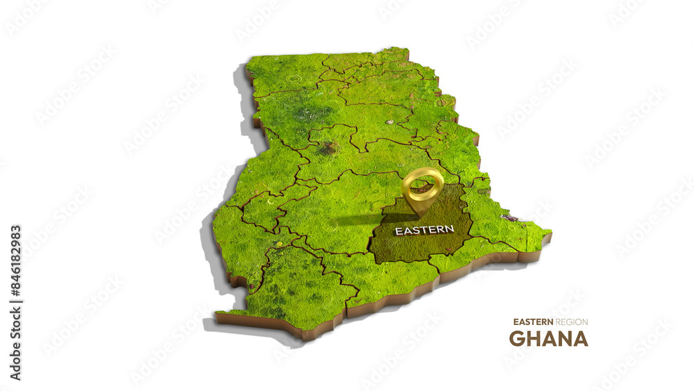 3D rendering of Ghana map highlighting Eastern region isolated on ...
