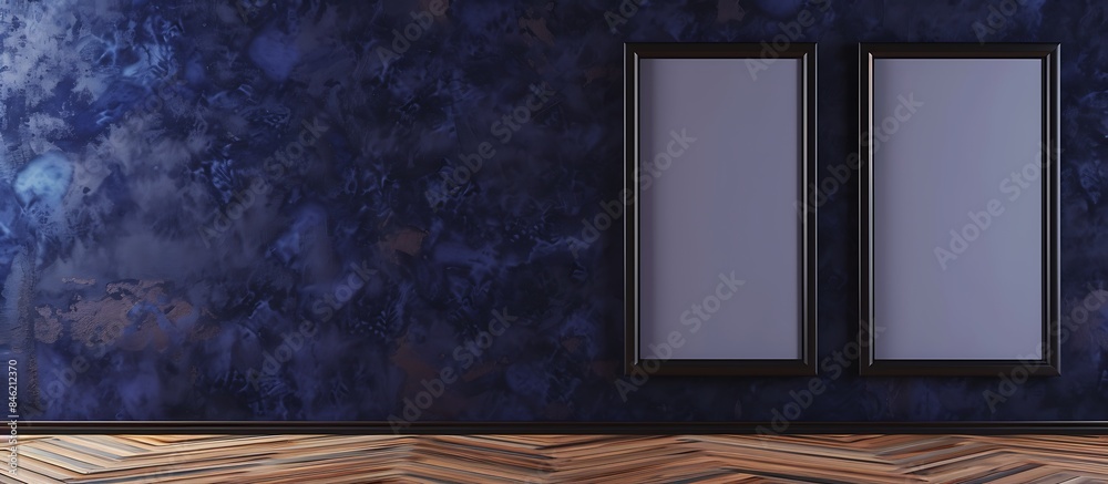 A deep indigo wall with two rectangular empty blank picture frames, one ...