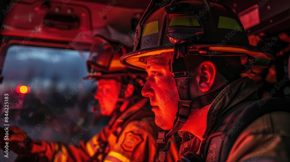 firefighters in full gear battle a raging fire, their silhouettes ...