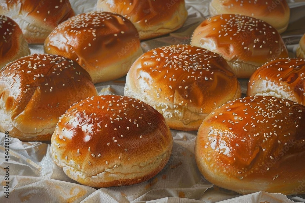Design an oil painting of a front-view display of gourmet burger buns ...