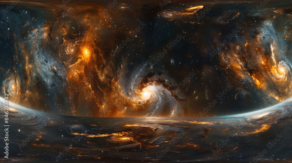 Equirectangular 360 degree projection of a space background featuring a ...