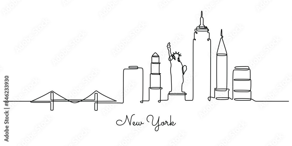 New York City skyline continuous line drawing. Building and ...