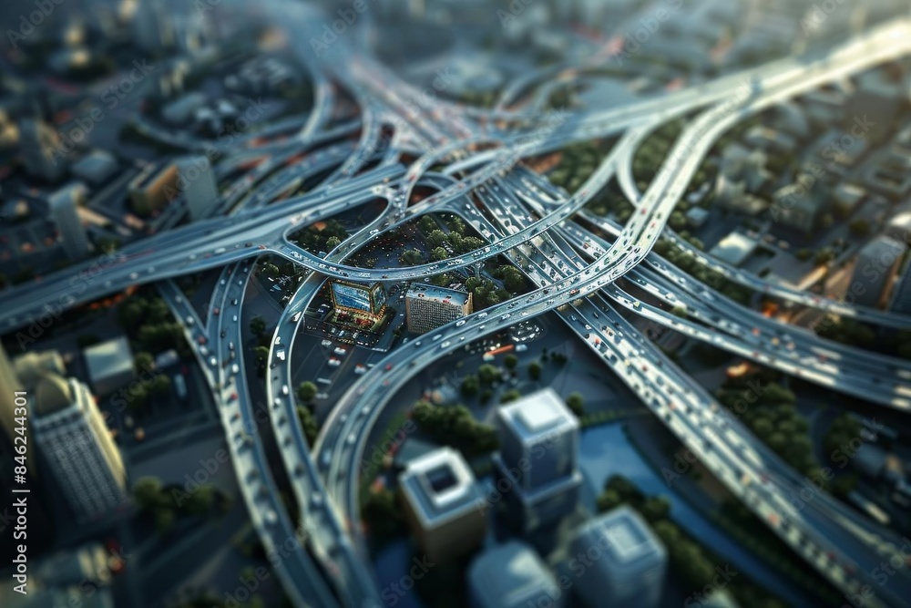 Illustrate an intricate city layout spread from a birds eye view ...