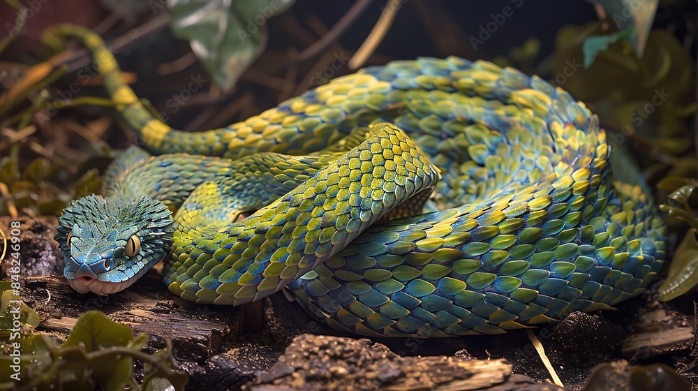 Venomous green variable bush viper pre shed Stock Photo | Adobe Stock