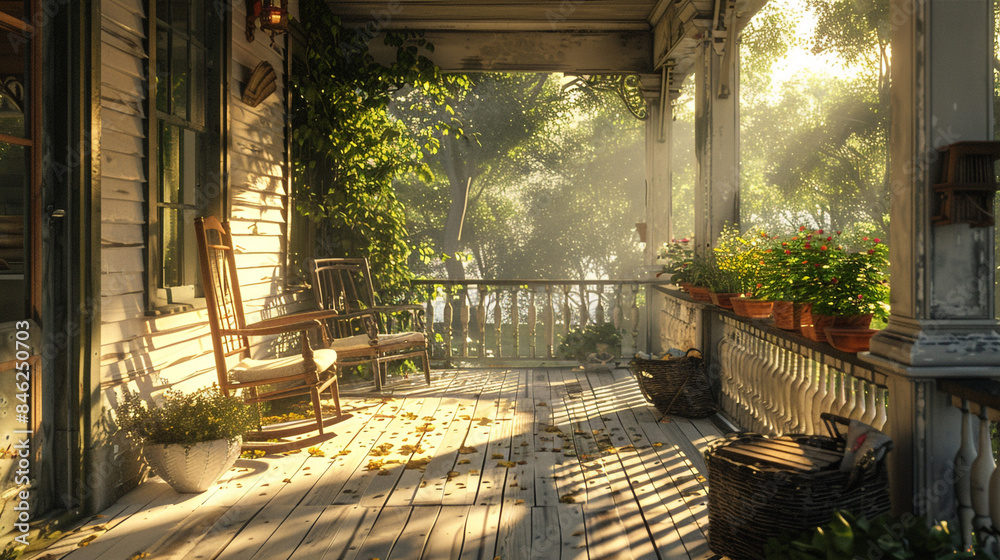 Sunlight casting long shadows on the porch of a colonial-style home ...