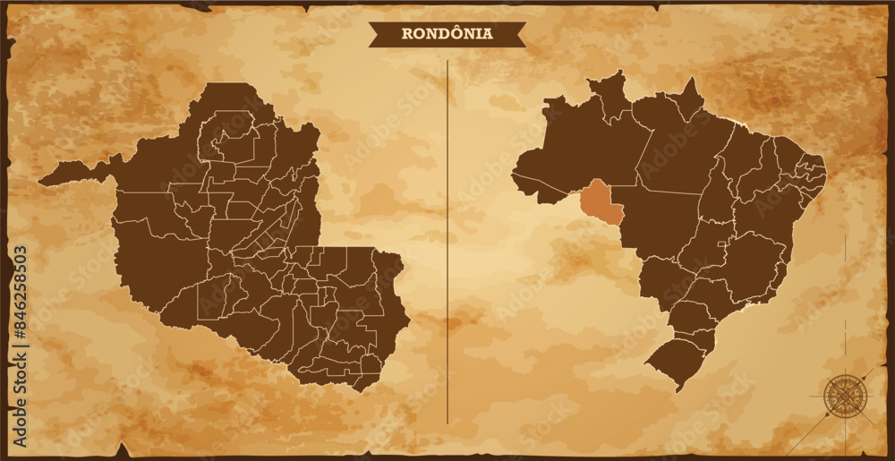 Rondônia state map, Brazil map with federal states in A vintage map ...