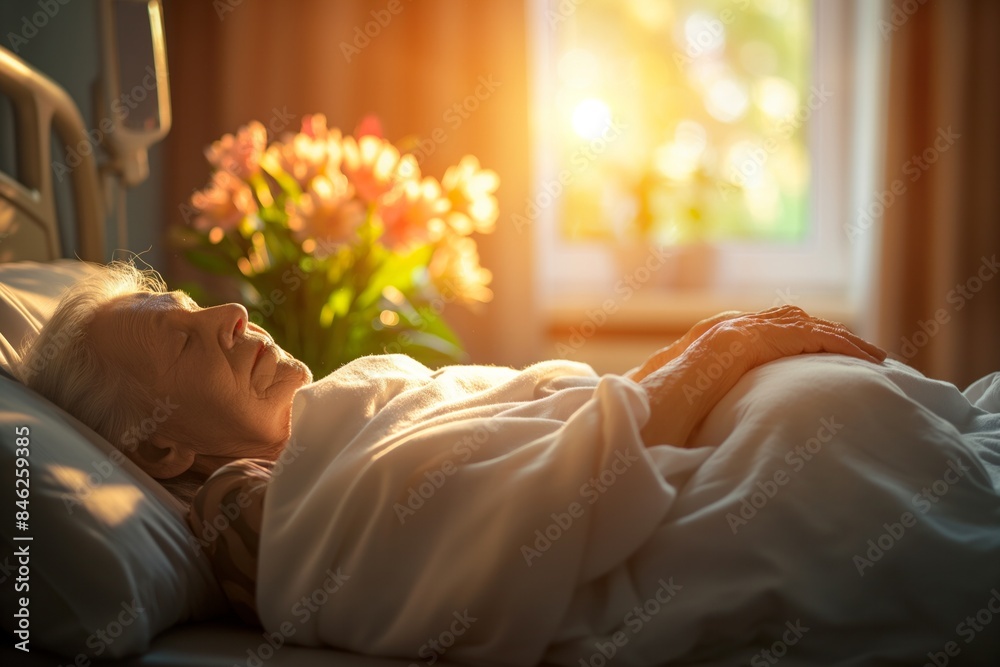 Old woman patient lies in bed in hospice or hospital. Cozy hospital ...