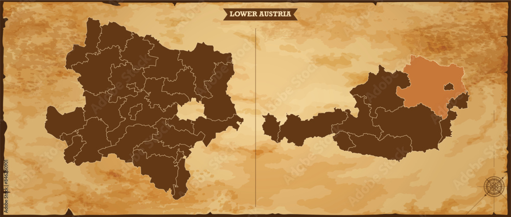 Lower Austria state map, Austria map with federal states in A vintage ...