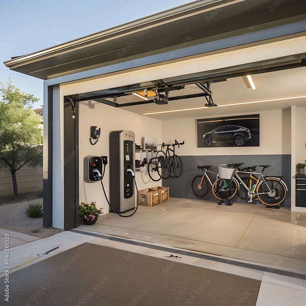 The interior of a modern suburban garage displaying an electric vehicle ...