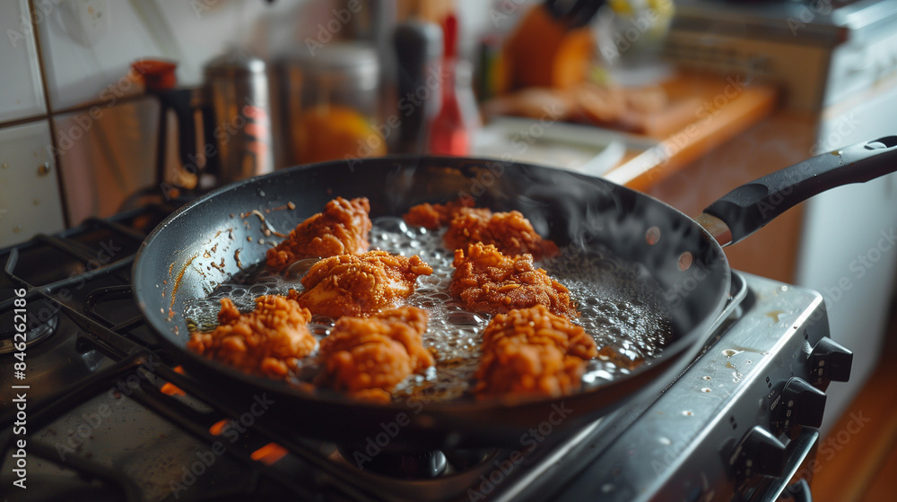 Fried chicken fried in oil in a black frying pan on an electric stove ...