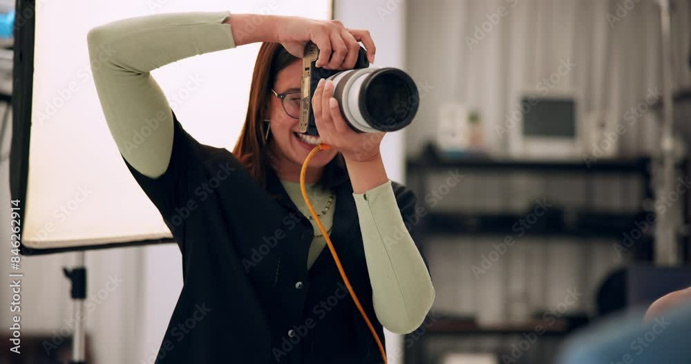 Photographer, camera and photoshoot in studio for production, media and ...