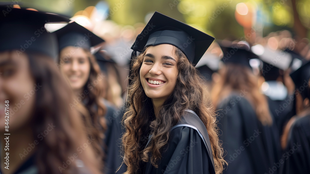 Smiling Young Woman in Graduation Cap and Gown Proudly Standing Out ...