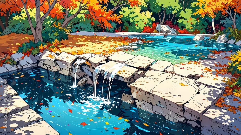 Water stream, river, lake water, flowing through rocks Anime style ...