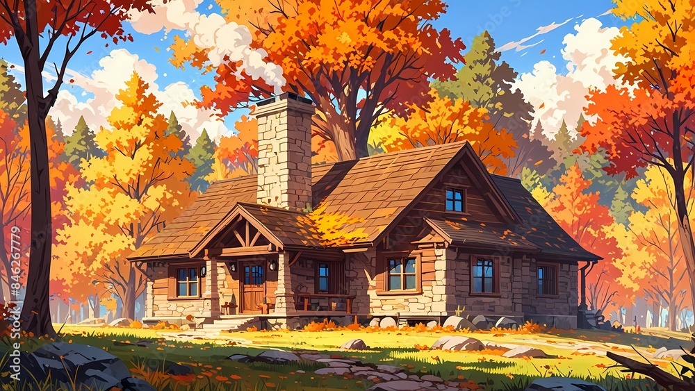 Cozy cabin in the woods, stone chimney Anime style illustration, flat ...