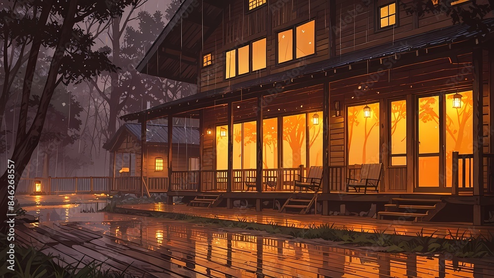 Forest cabin with front porch rain dropping, Anime style illustration ...