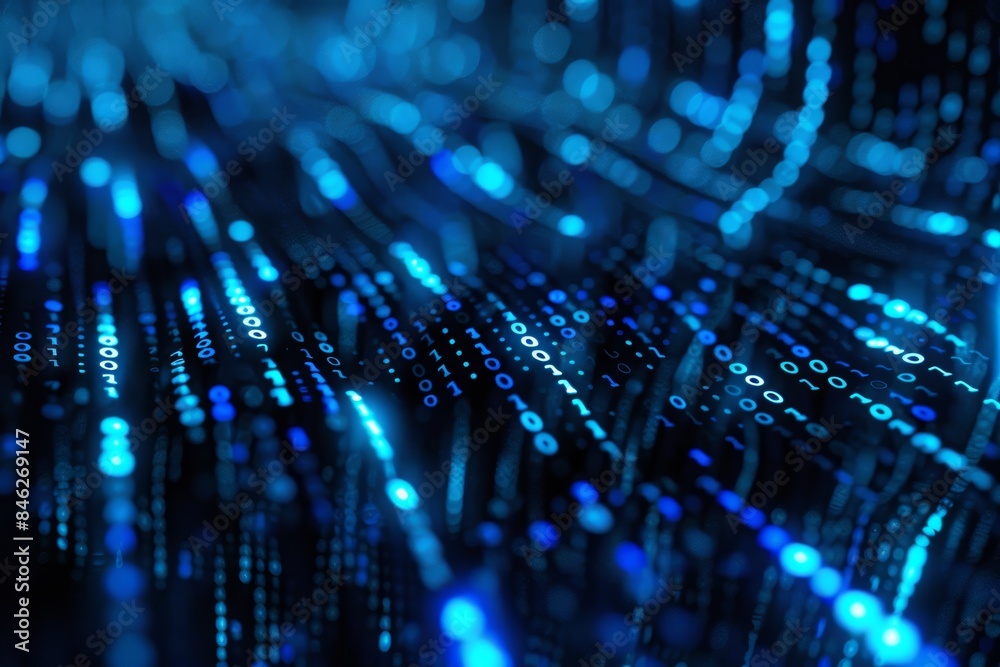 Digital data stream of blue numbers and code flowing in the dark space, abstract background for ...