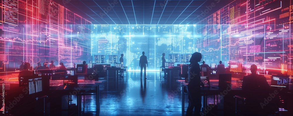 A modern cyberpunk office with an open floor plan, neon lighting, and ...