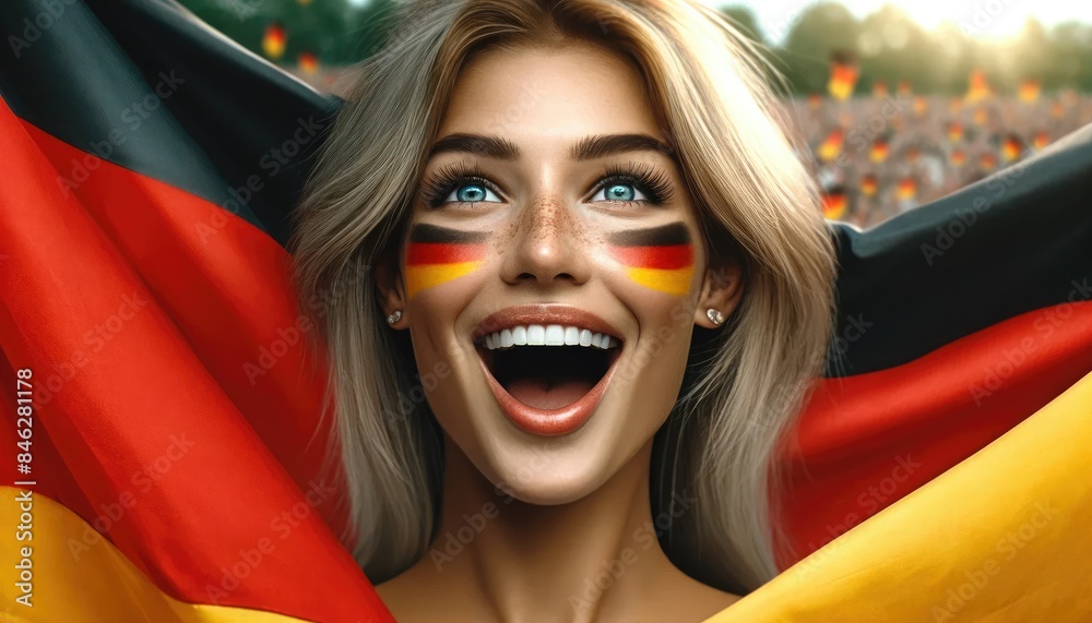German national team fan with a German flag painted on her face ...